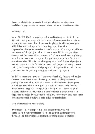 Create a detailed, integrated project charter to address a healt.docx