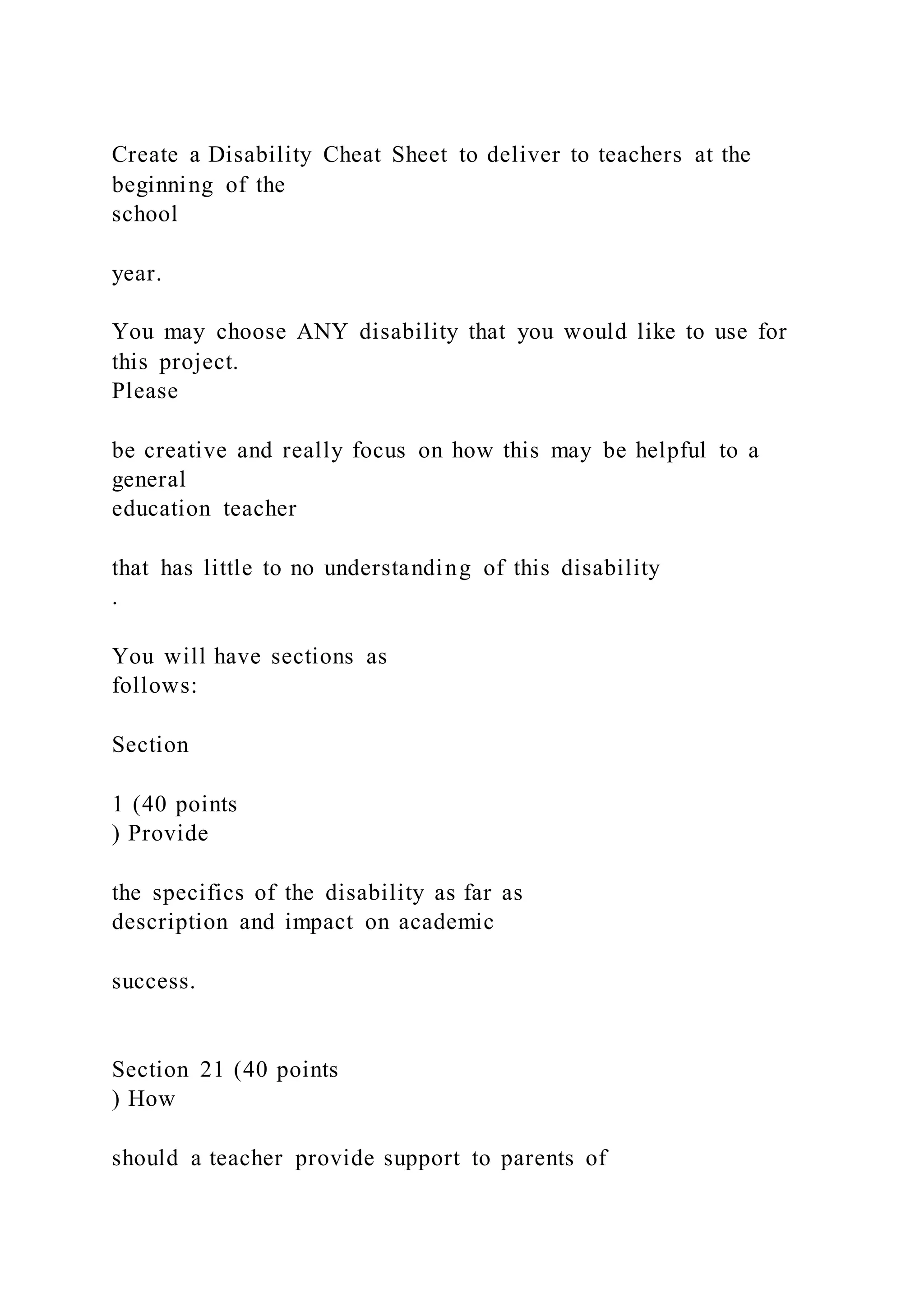 Create a Disability Cheat Sheet to deliver to teachers at the begi | DOCX