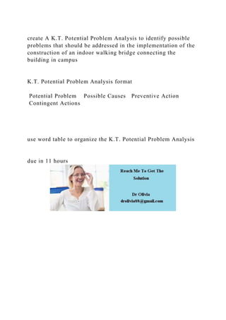 create A K.T. Potential Problem Analysis to identify possible proble.docx