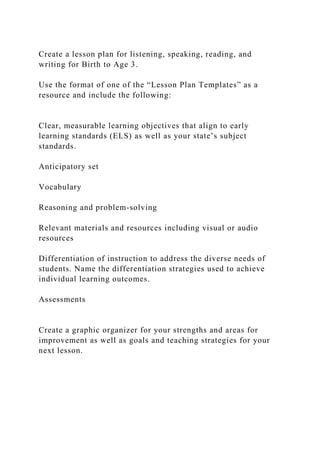 Create a lesson plan for listening, speaking, reading, and writing f ...