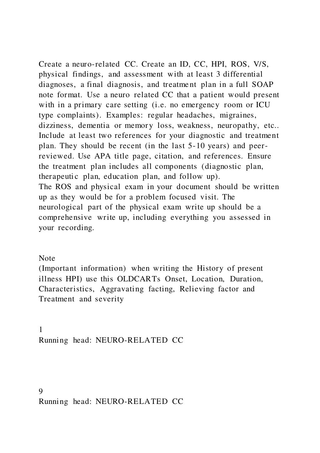 Create a neuro-related CC. Create an ID, CC, HPI, ROS, VS, physic | PDF