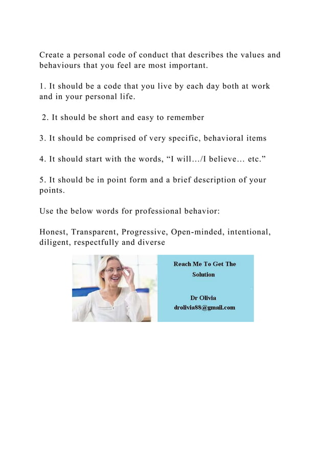 Create a personal code of conduct that describes the values and beha.docx