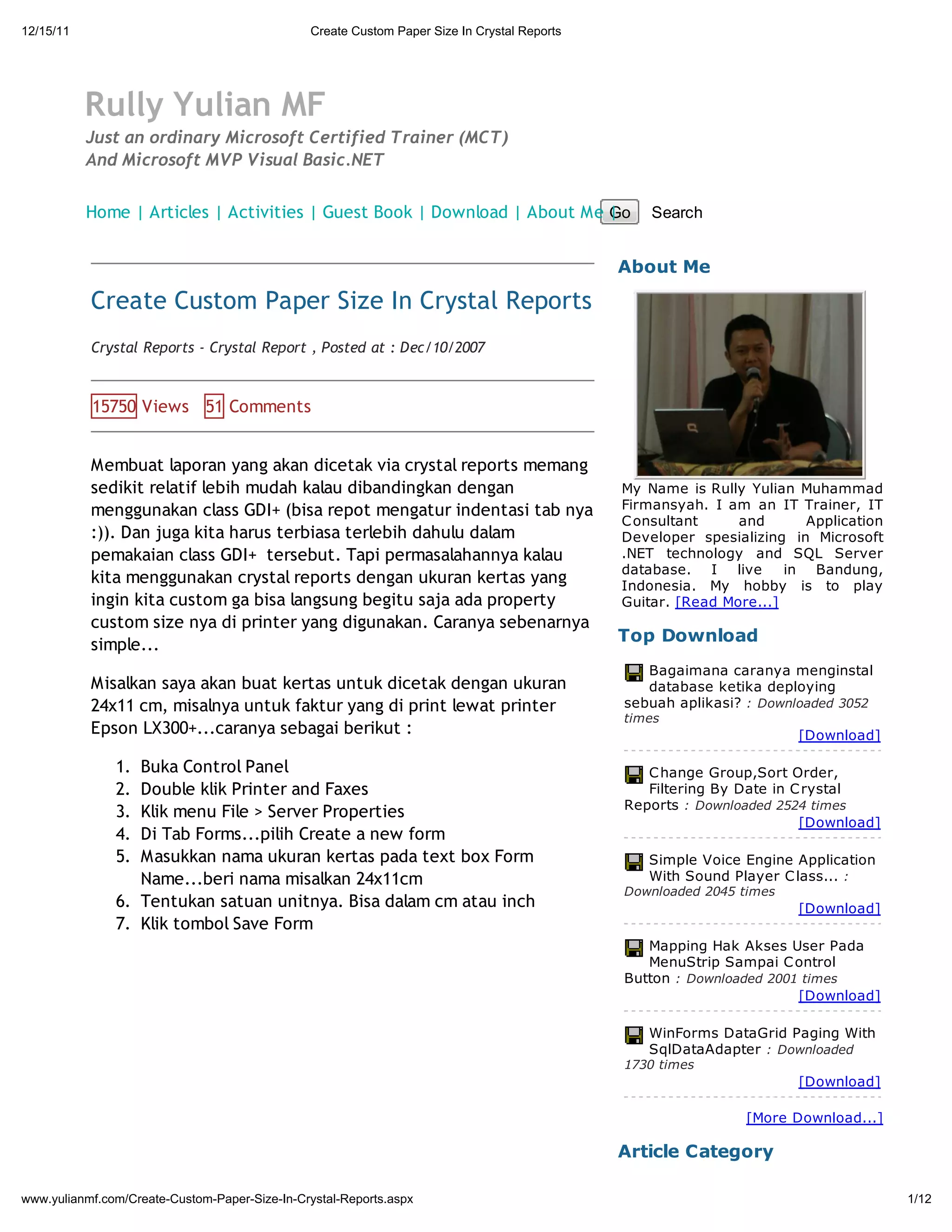 Create custom paper size in crystal reports | PDF