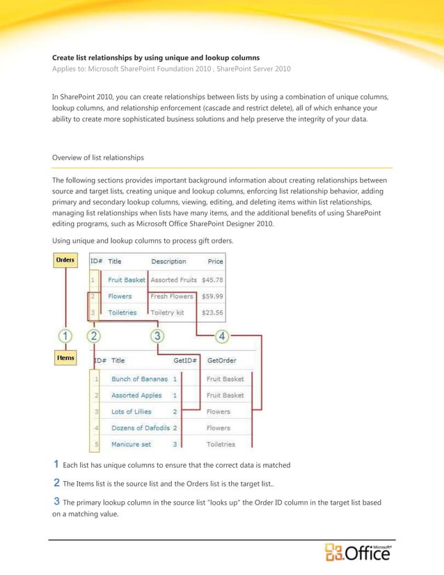 Create List Relationships by Using Unique and Lookup Columns - SharePoint 2010 - EPC Group | PDF