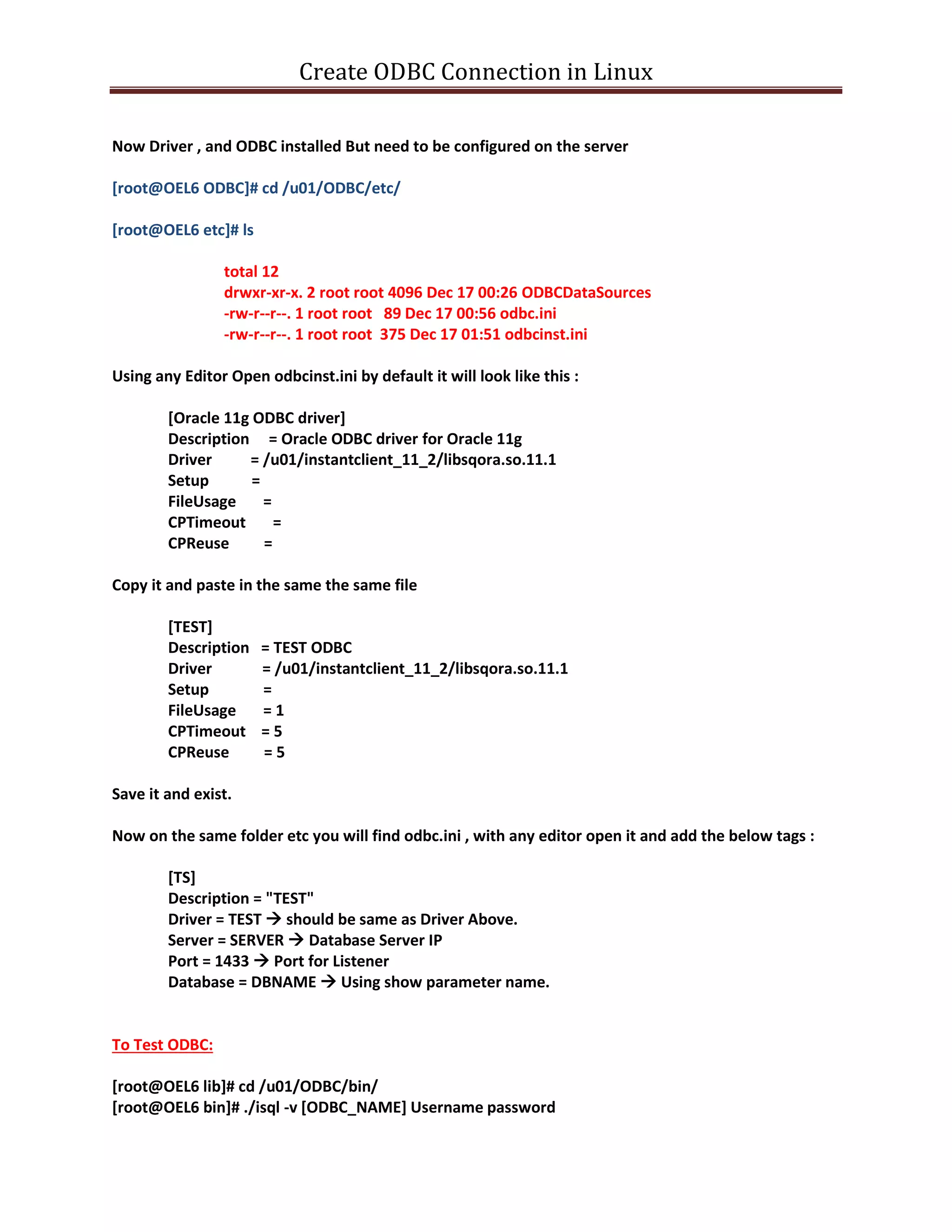 Steps to Create odbc connection linux | PDF