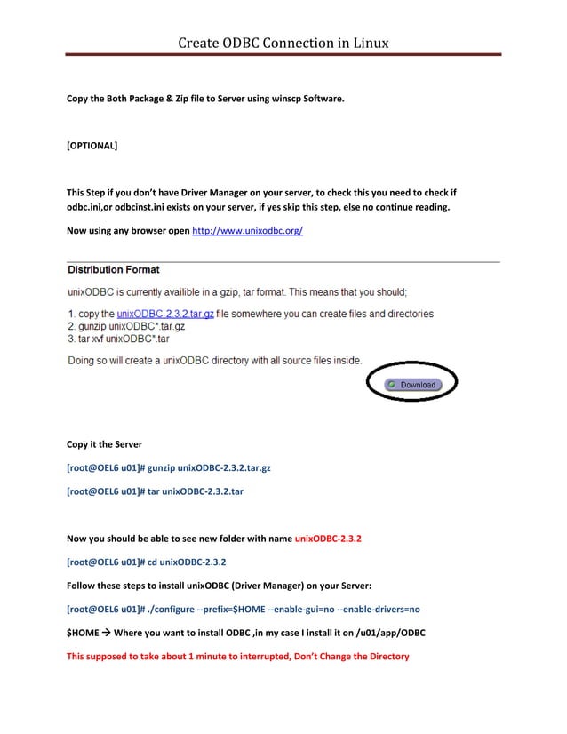 Steps to Create odbc connection linux | PDF