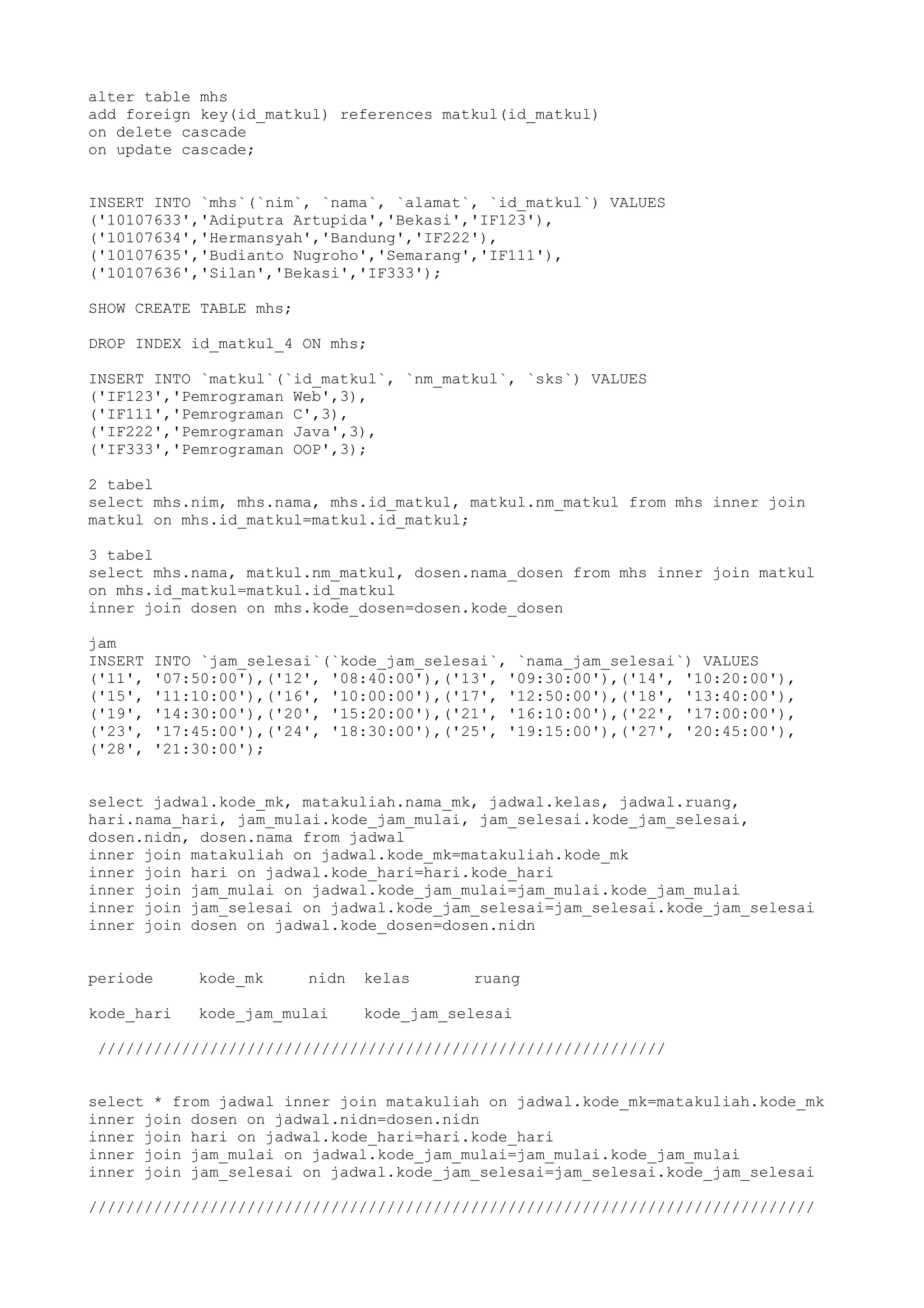 contoh membuat table, alter, inner join pada database | TXT