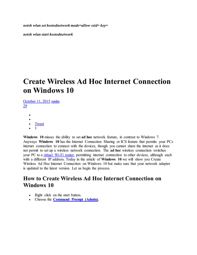 Create Wireless Ad Hoc Internet Connection On Windows 10 Pdf