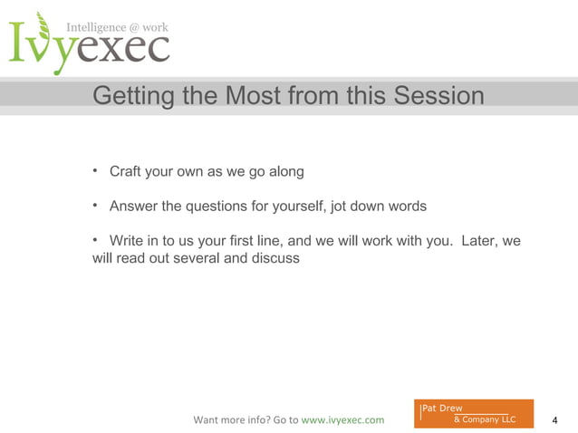 Create Your Elevator Pitch - Pat Drew and Ivy Exec | PPT | Business | Business and Finance