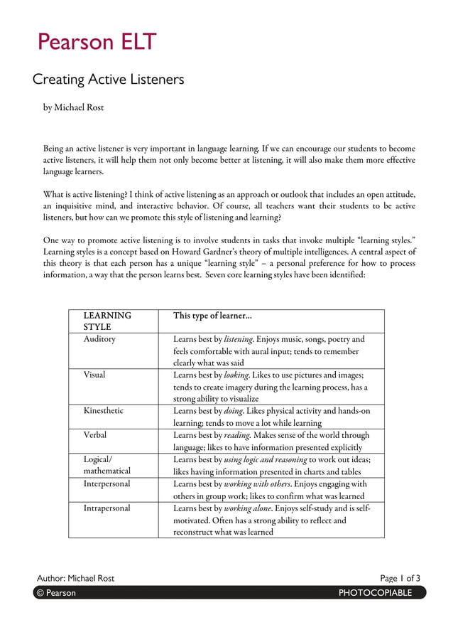 Pearson ELT - Creating Active Listeners | PDF