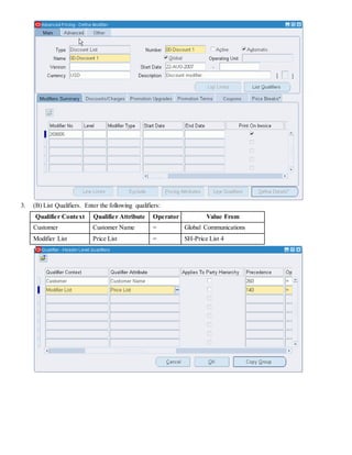 Oracle Advanced Pricing (Creating a discount modifier using qualifiers) | DOCX