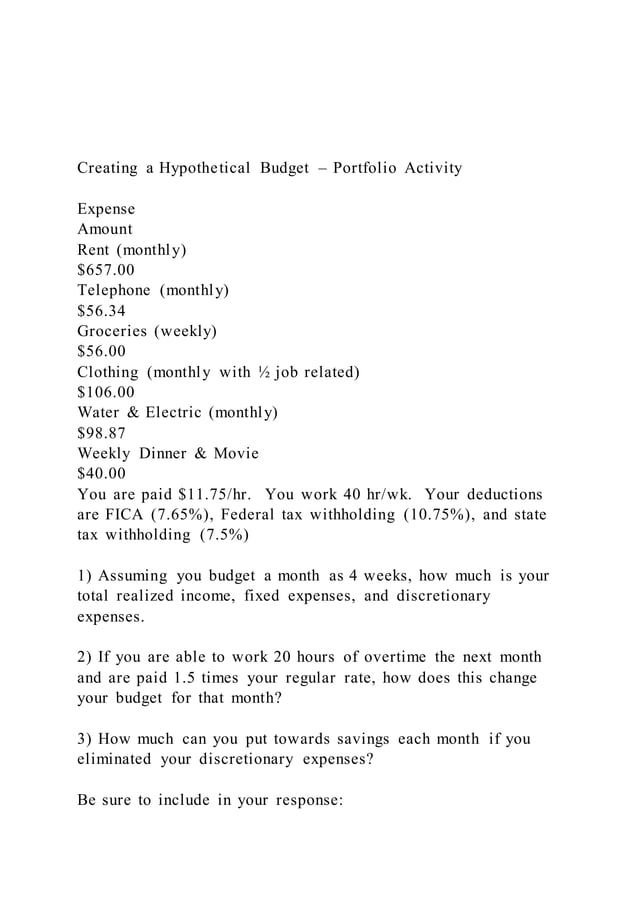 Creating a Hypothetical Budget – Portfolio ActivityExpense | DOCX