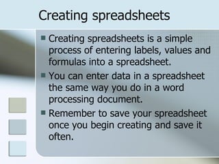 Creating and editing spreadsheets | PPT