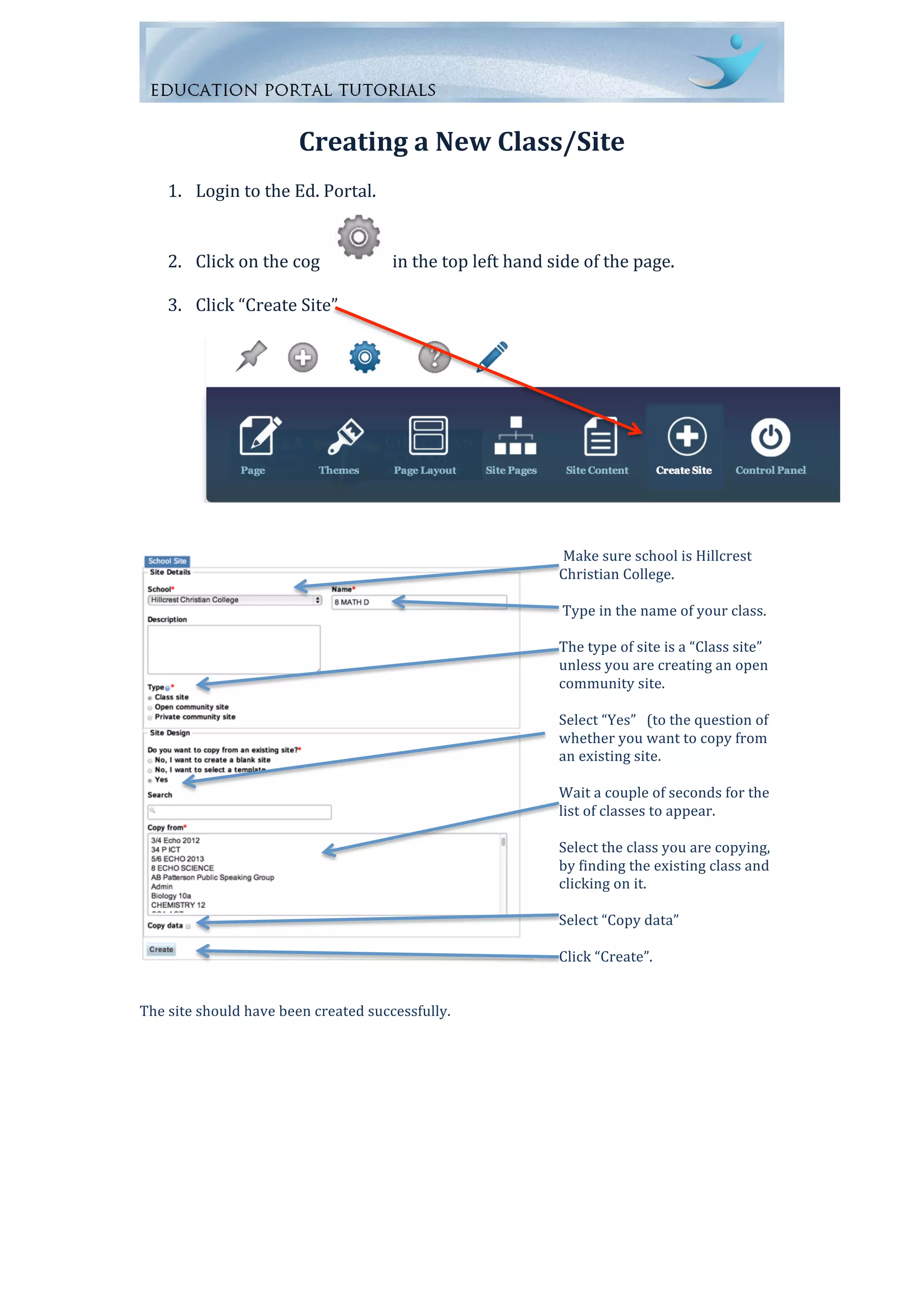 How to Create a new Class Site in Ed. Portal | PDF
