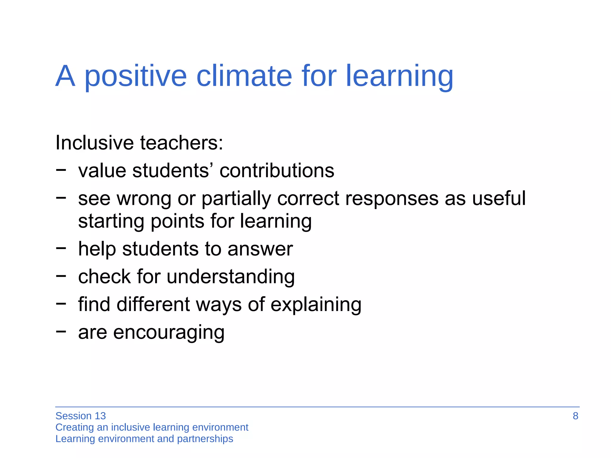 Creating An Inclusive Learning Environment - Session Thirteen | PPT