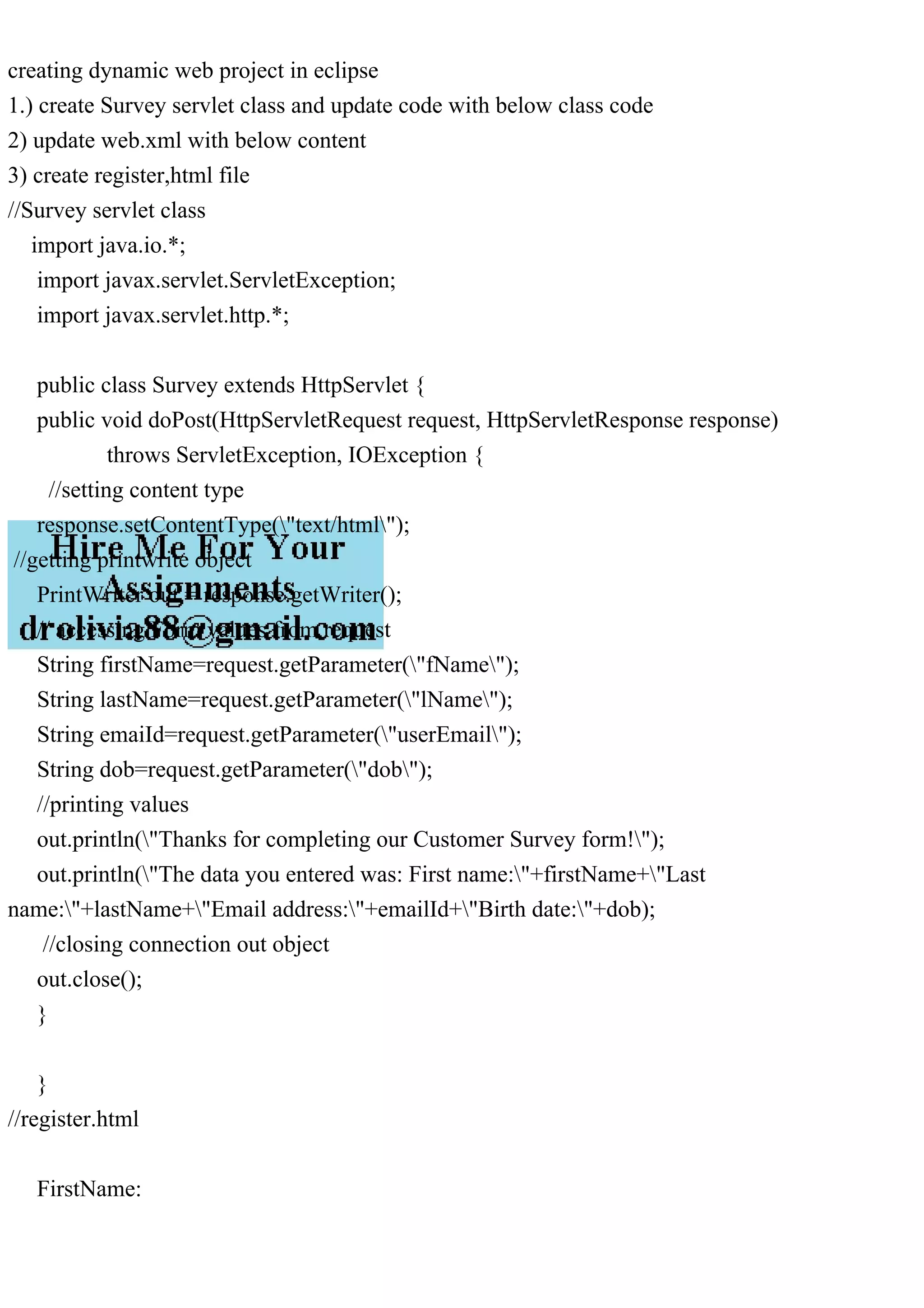 creating dynamic web project in eclipse1.) create Survey servlet c.pdf
