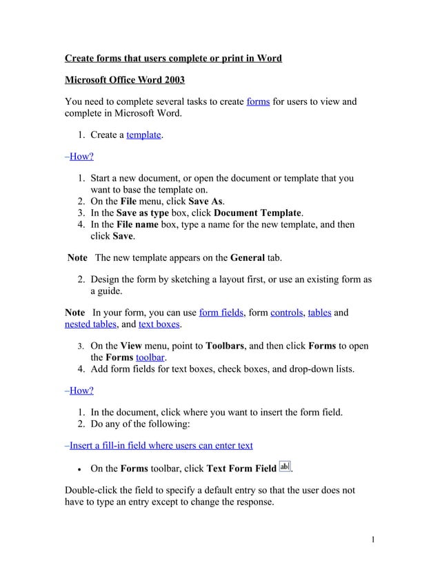 Creating forms word 2003 | DOC
