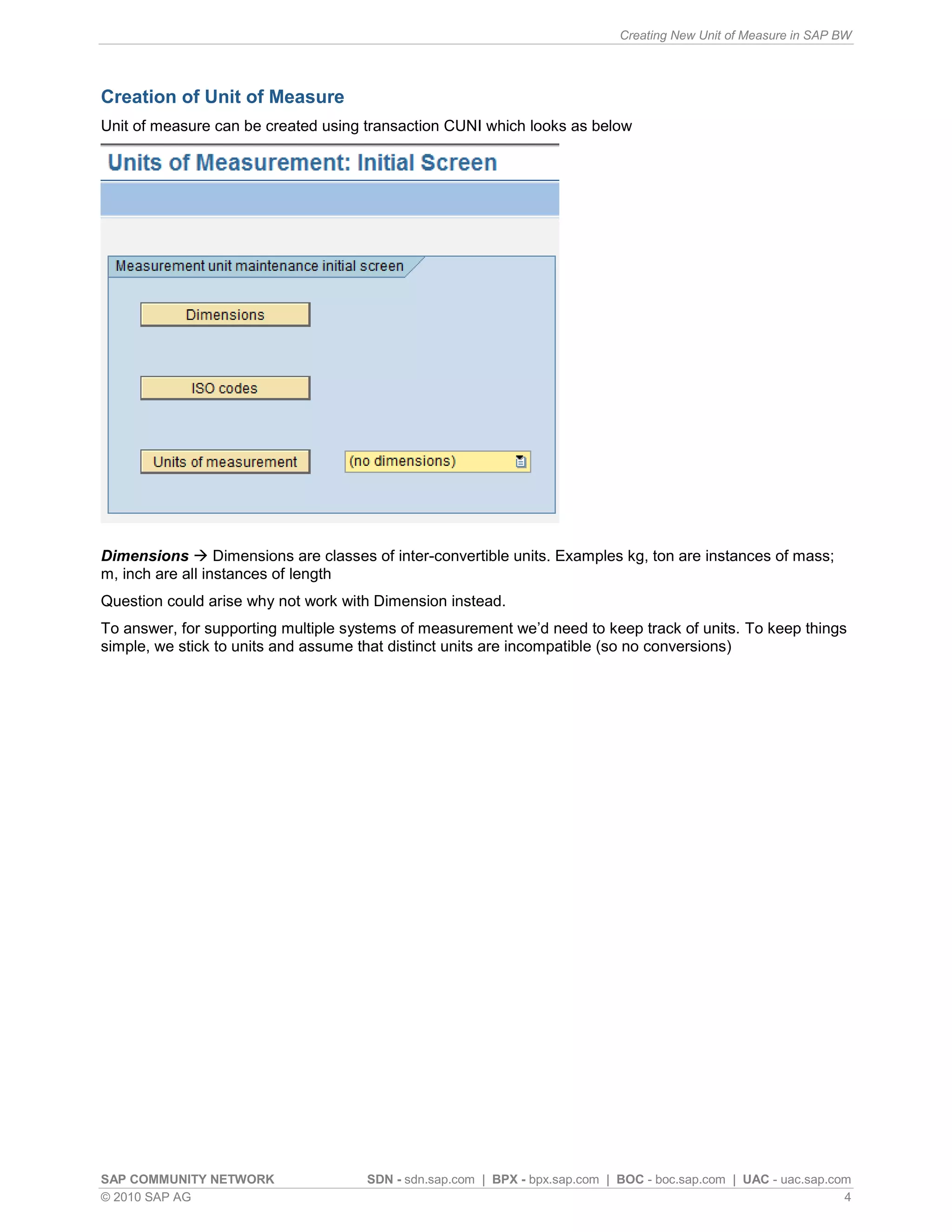 Creating new unit of measure in sap bw | PDF