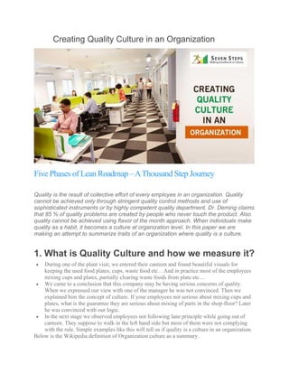 Creating quality culture in an organization | PDF