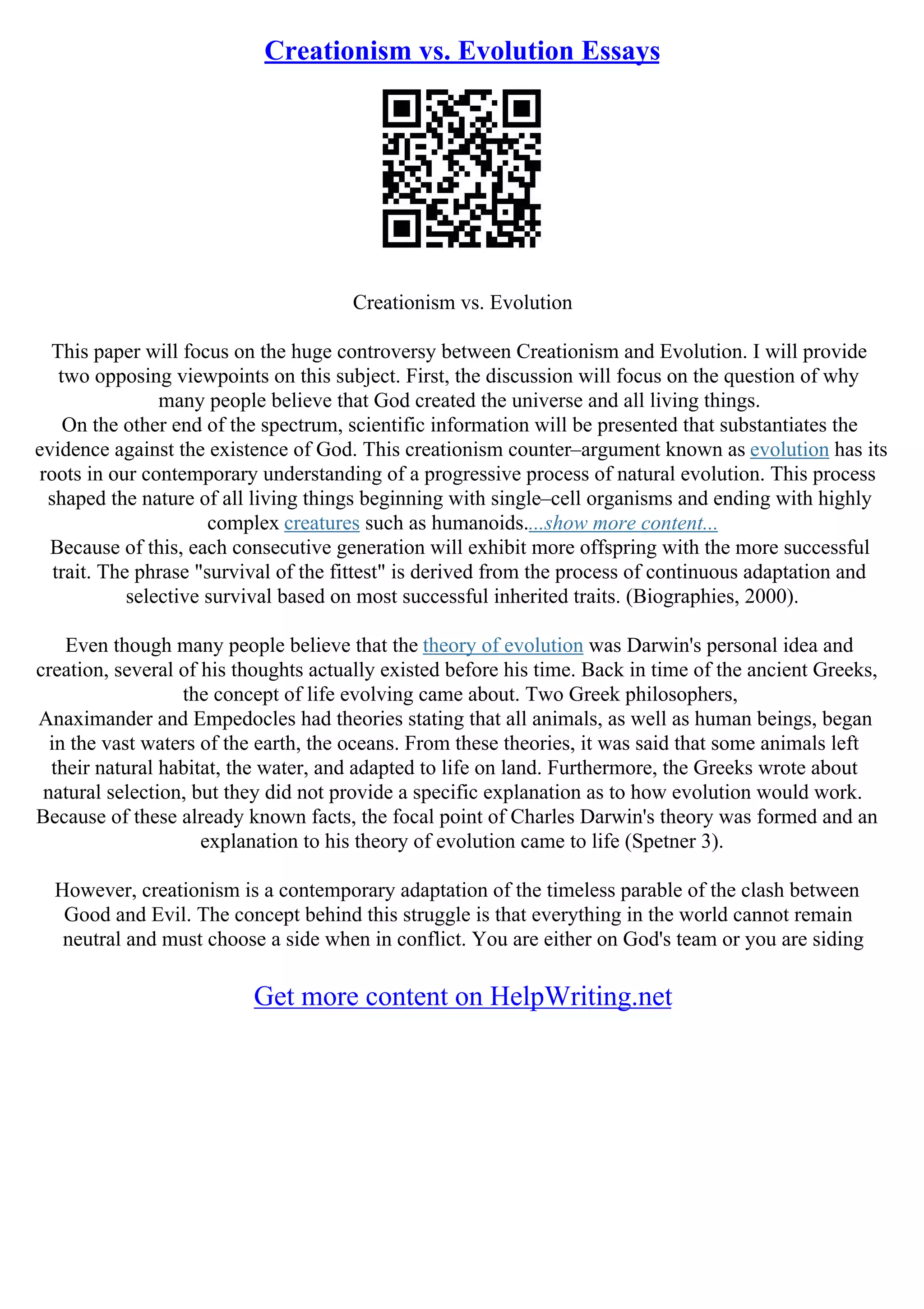 Creationism Vs Evolution Essay | PDF