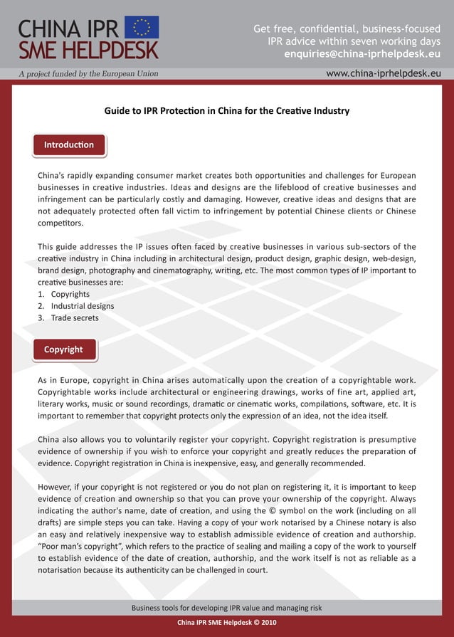 Guide to IPR Protection in China for the Creative Industry | PDF ...
