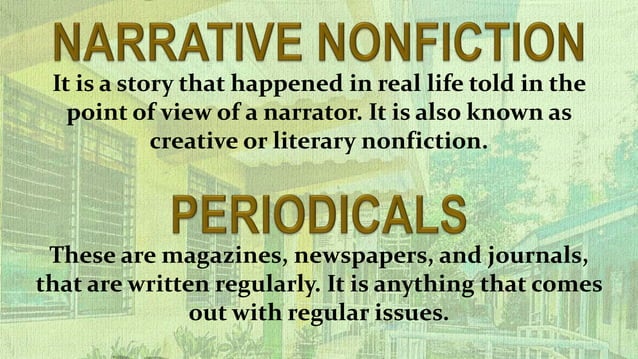 CREATIVE NONFICTION WEEK 1, wrtings.pptx | Fiction | Books and Literature