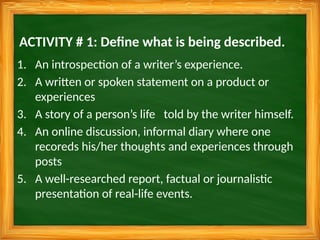FORMS OF CREATIVE NON-FICTION 3RD QUARTER WEEK 1 | PPTX