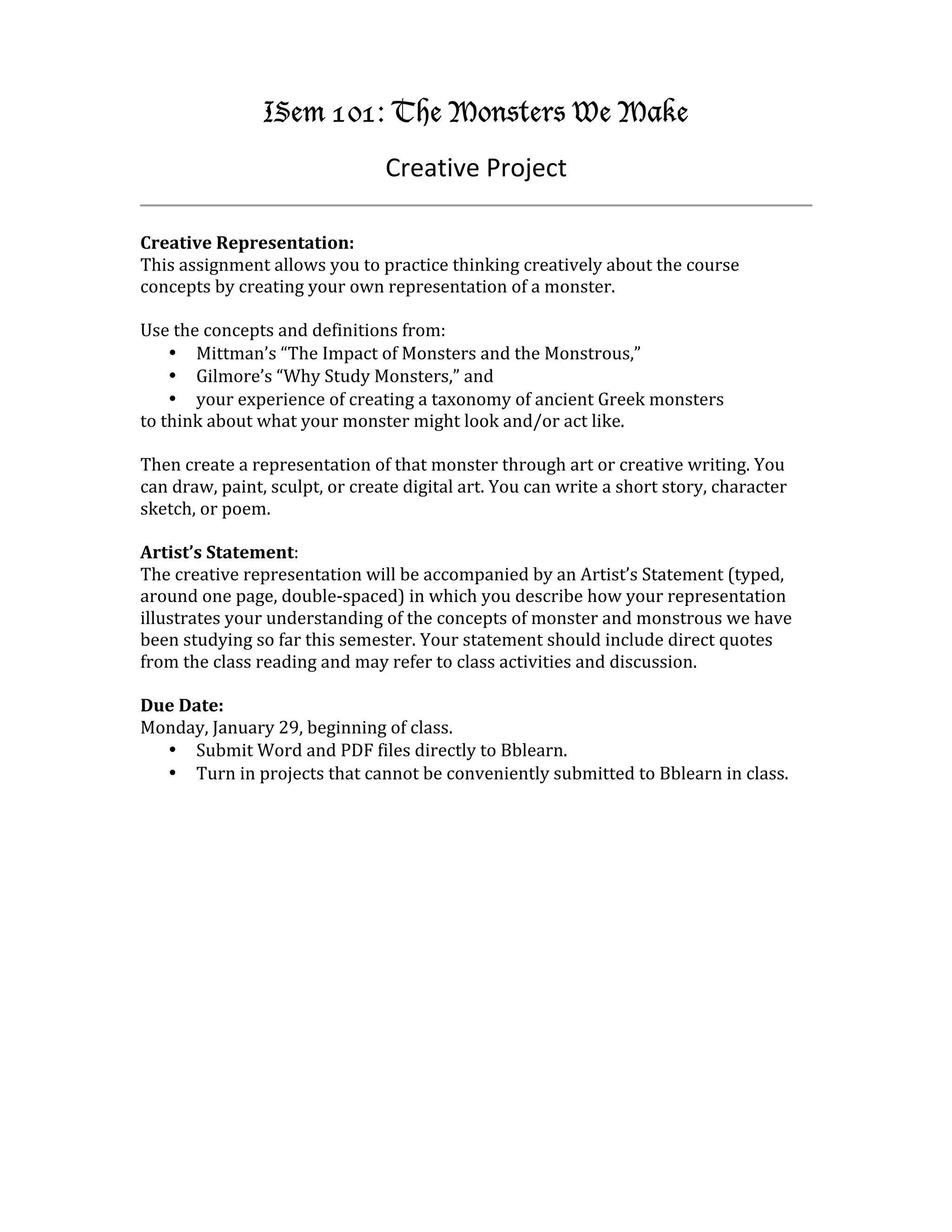 ISem 101 Creative Project Assignment | PDF