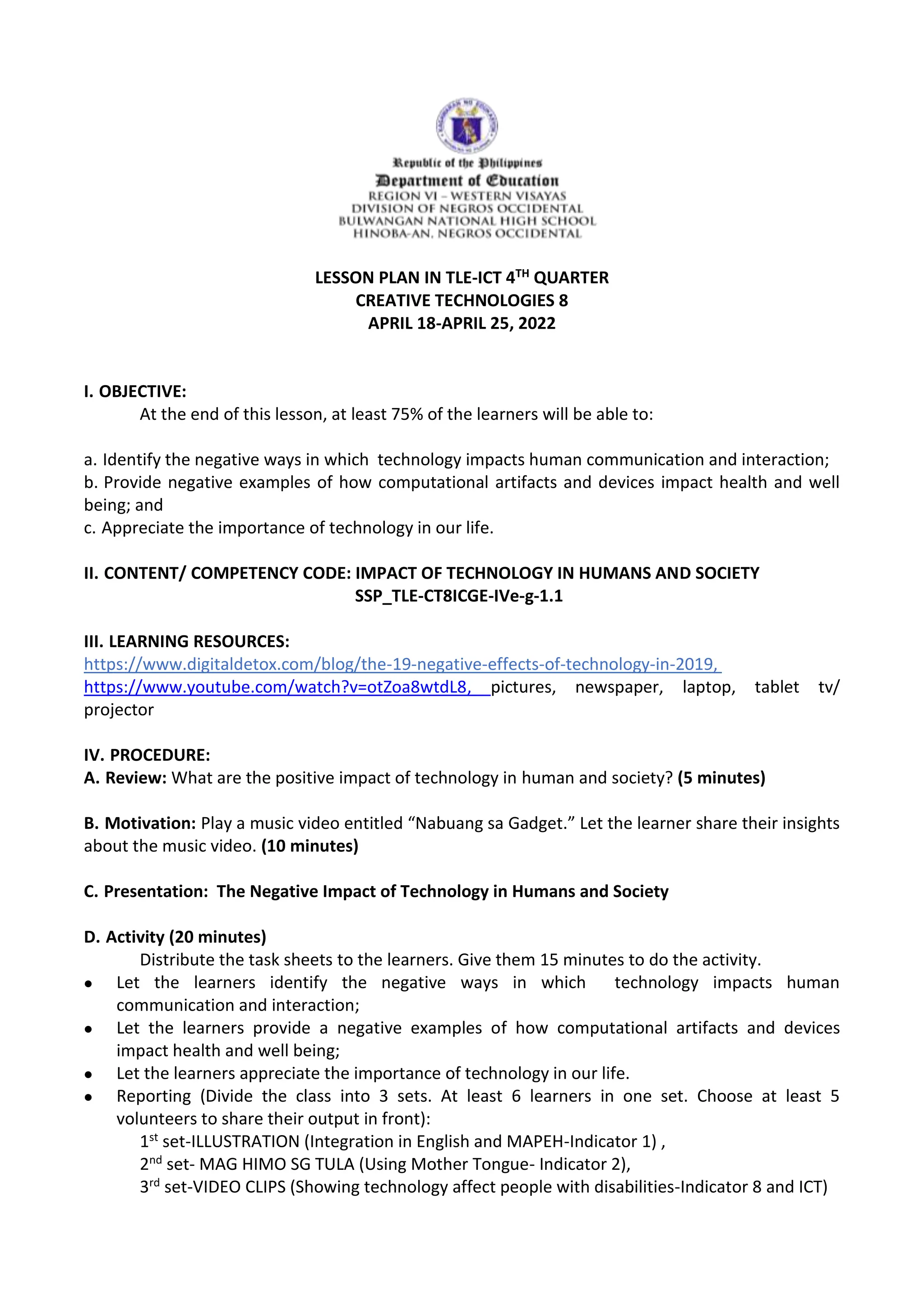 Creative Tech Grade 8 LP 4th quarter The Negative Impact of Technology ...