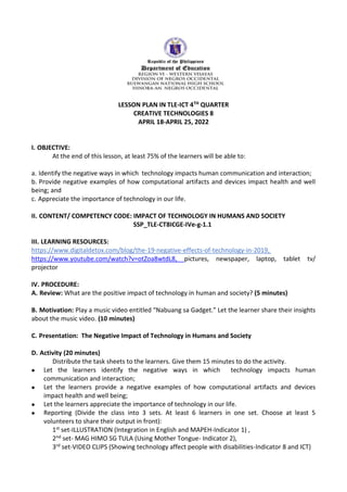 Creative Tech Grade 8 LP 4th quarter The Negative Impact of Technology ...