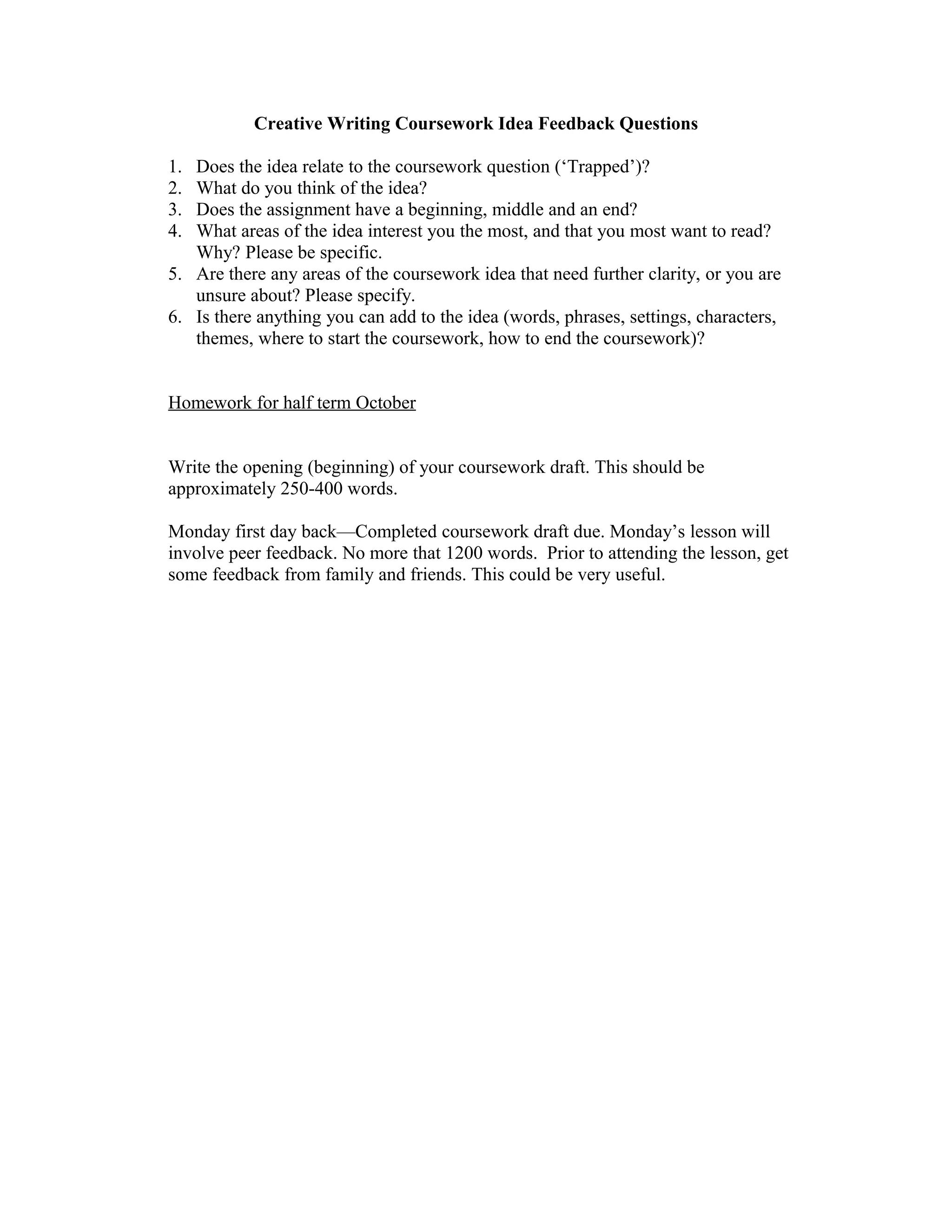 Creative writing coursework idea feedback questions | PDF
