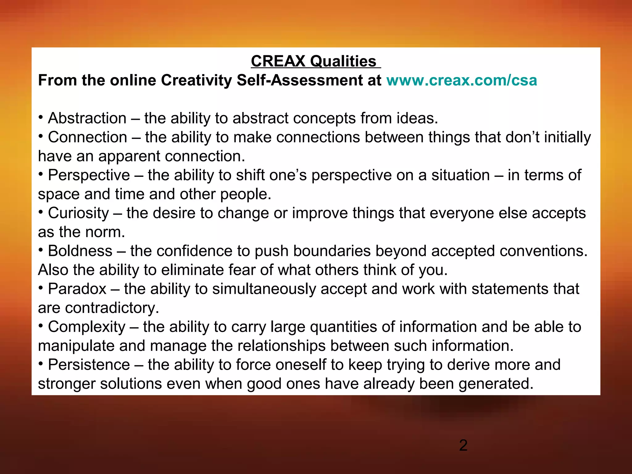 Creativity Assessments | PPT | Arts and Crafts | Hobbies & Interests