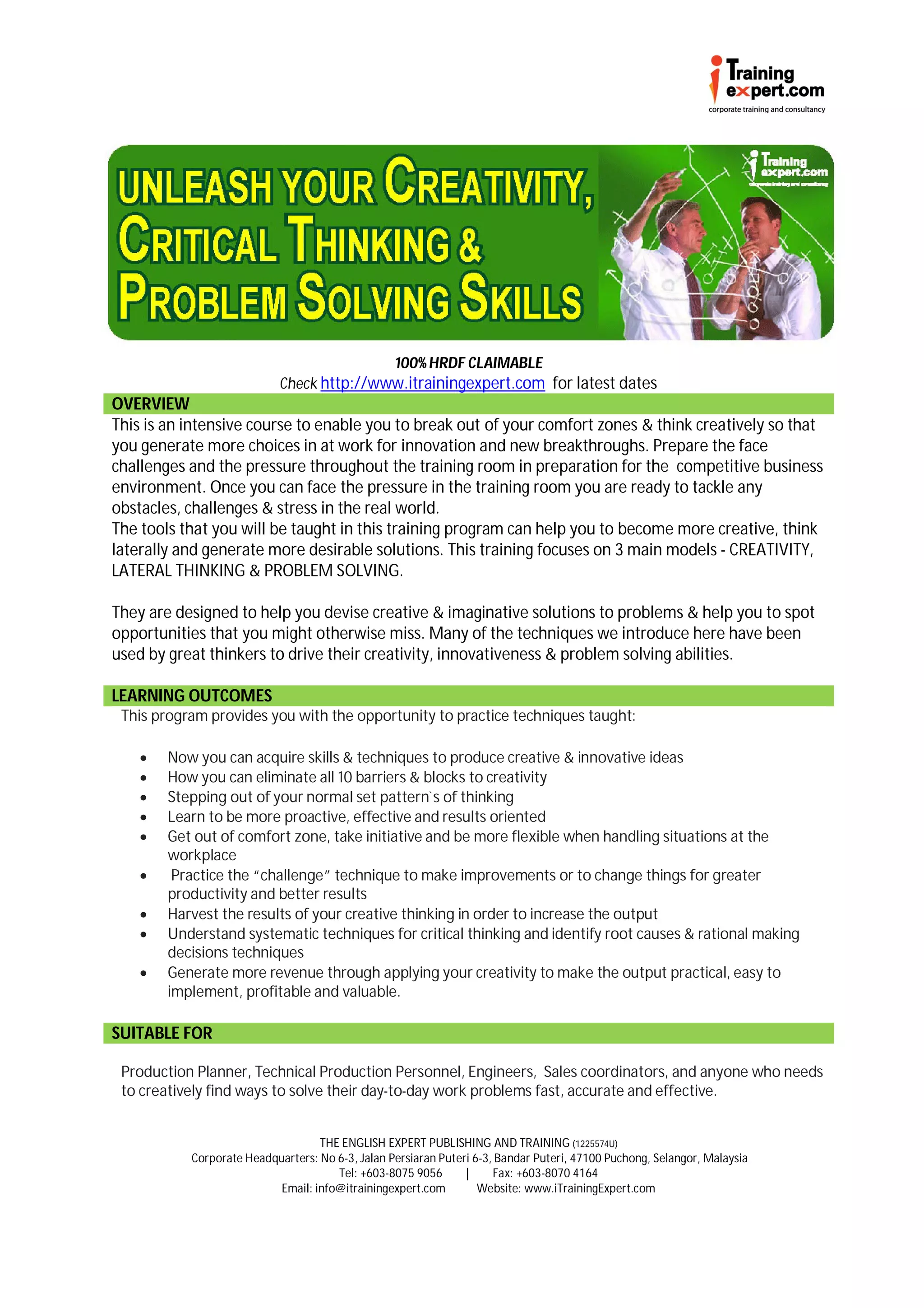 Creativity, critical thinking, problem solving skills public program course brochure | PDF