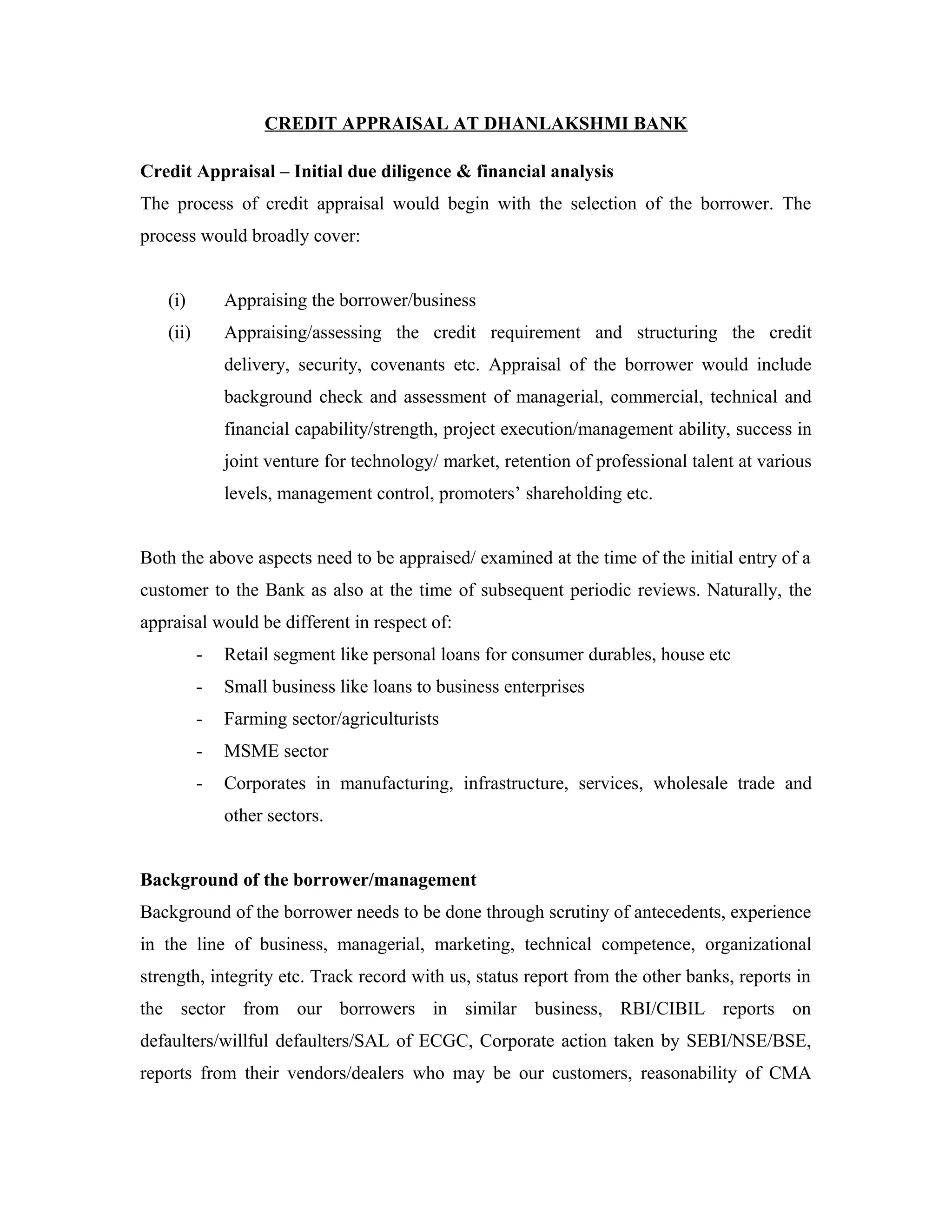 Credit appraisal at dhanlakshmi bank | DOC