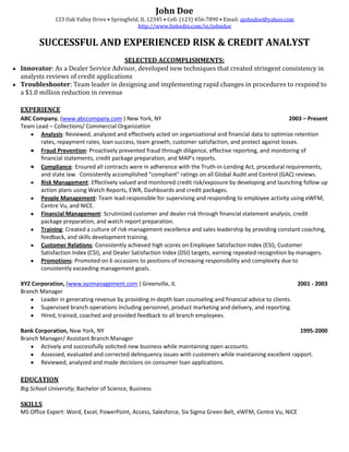 Credit Banking Analyst Sample Resume | PDF