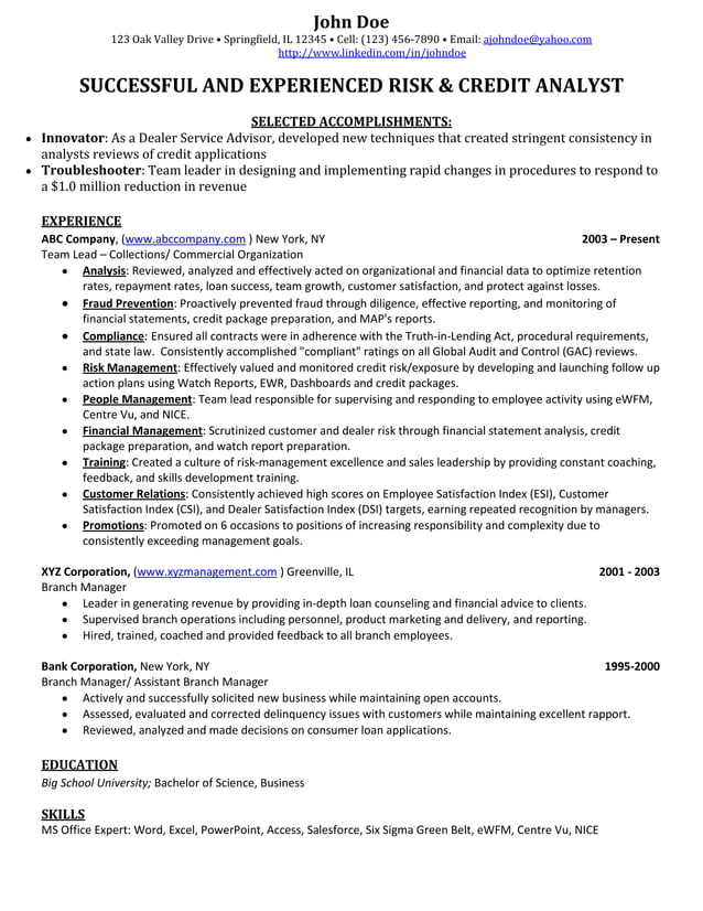 Credit Banking Analyst Sample Resume | PDF