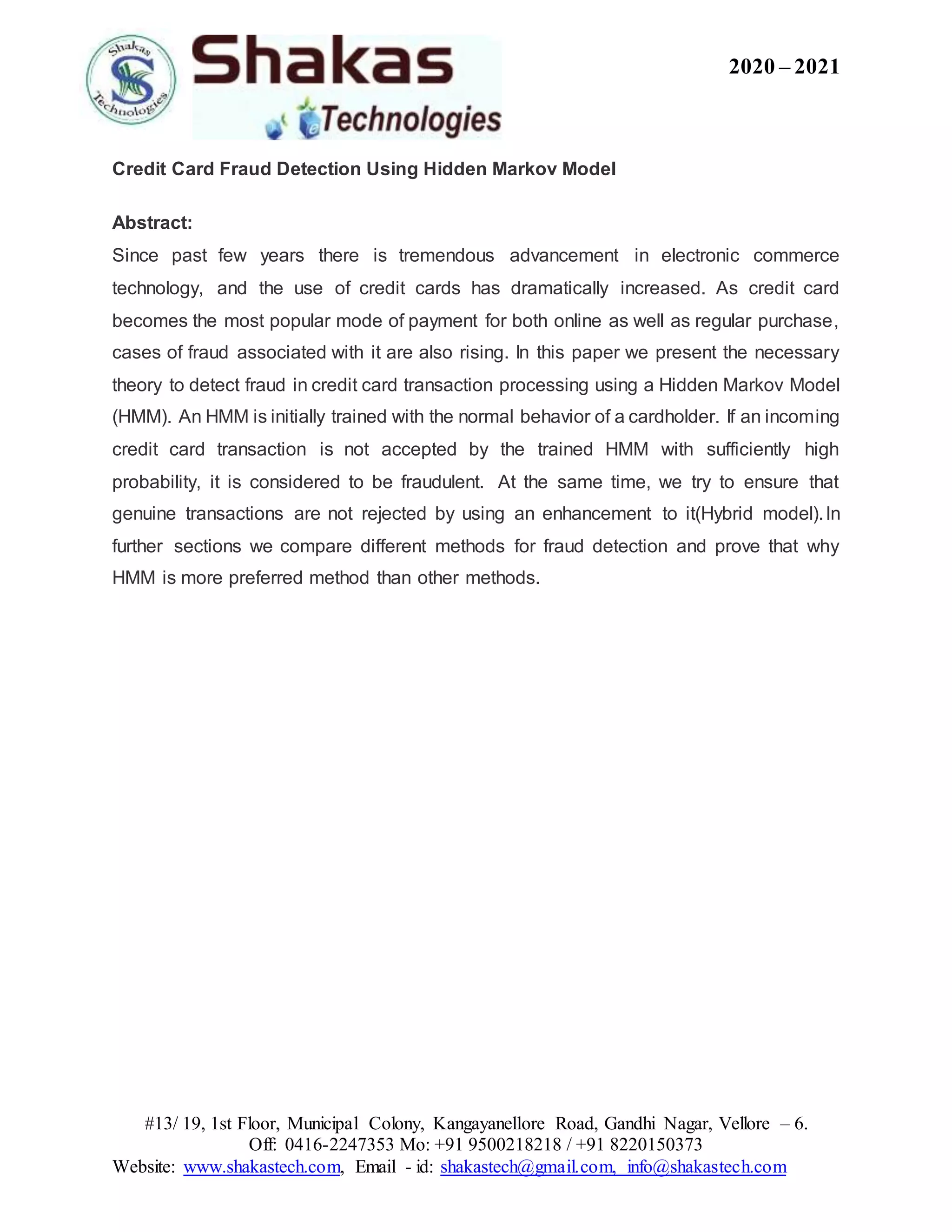 Credit card fraud detection using hidden markov model | DOCX | Credit Cards | Personal Debt