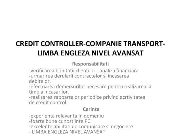 Credit controller companie transport- limba engleza nivel avansat | PPT