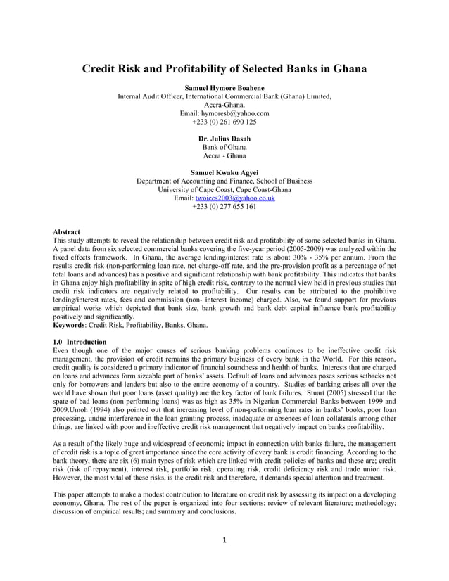 Credit Risk and Profitability of Selected Banks in Ghana | DOC