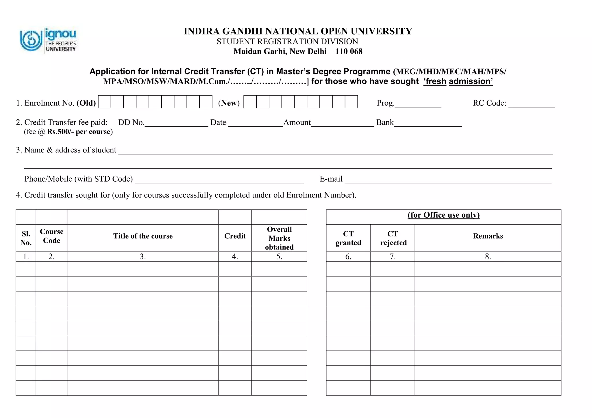Credit transfer scheme and proforma in master degree | PDF