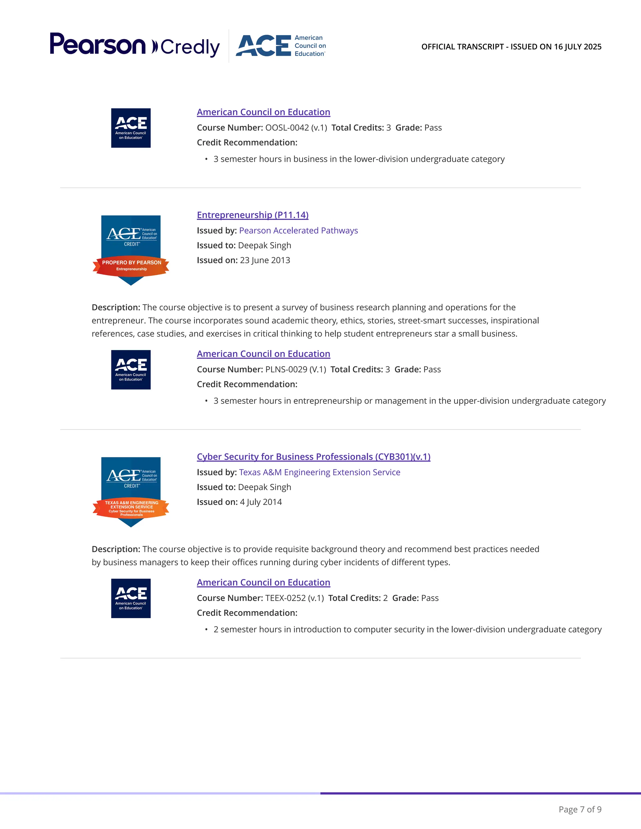 Credly by Pearson Transcript of Deepak (Danny) Singh July 16, 2025 | PDF