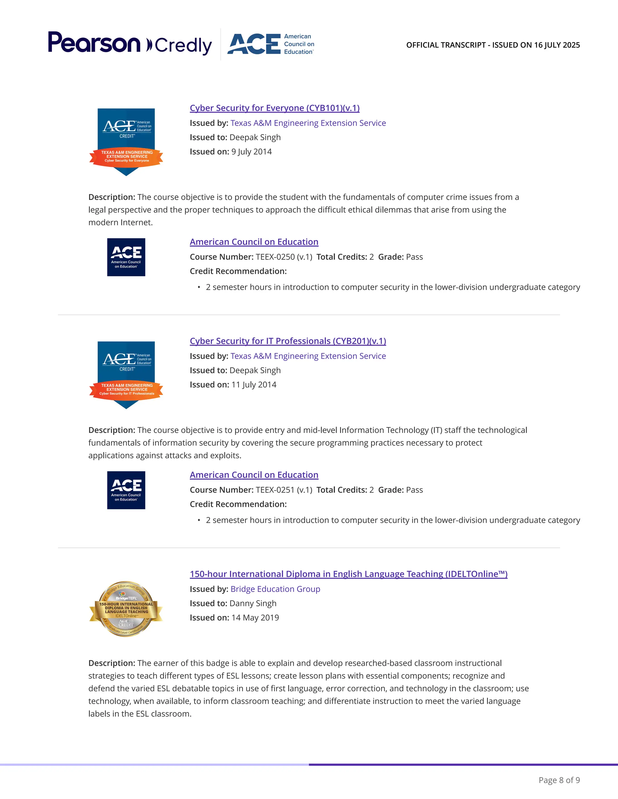 Credly by Pearson Transcript of Deepak (Danny) Singh July 16, 2025 | PDF