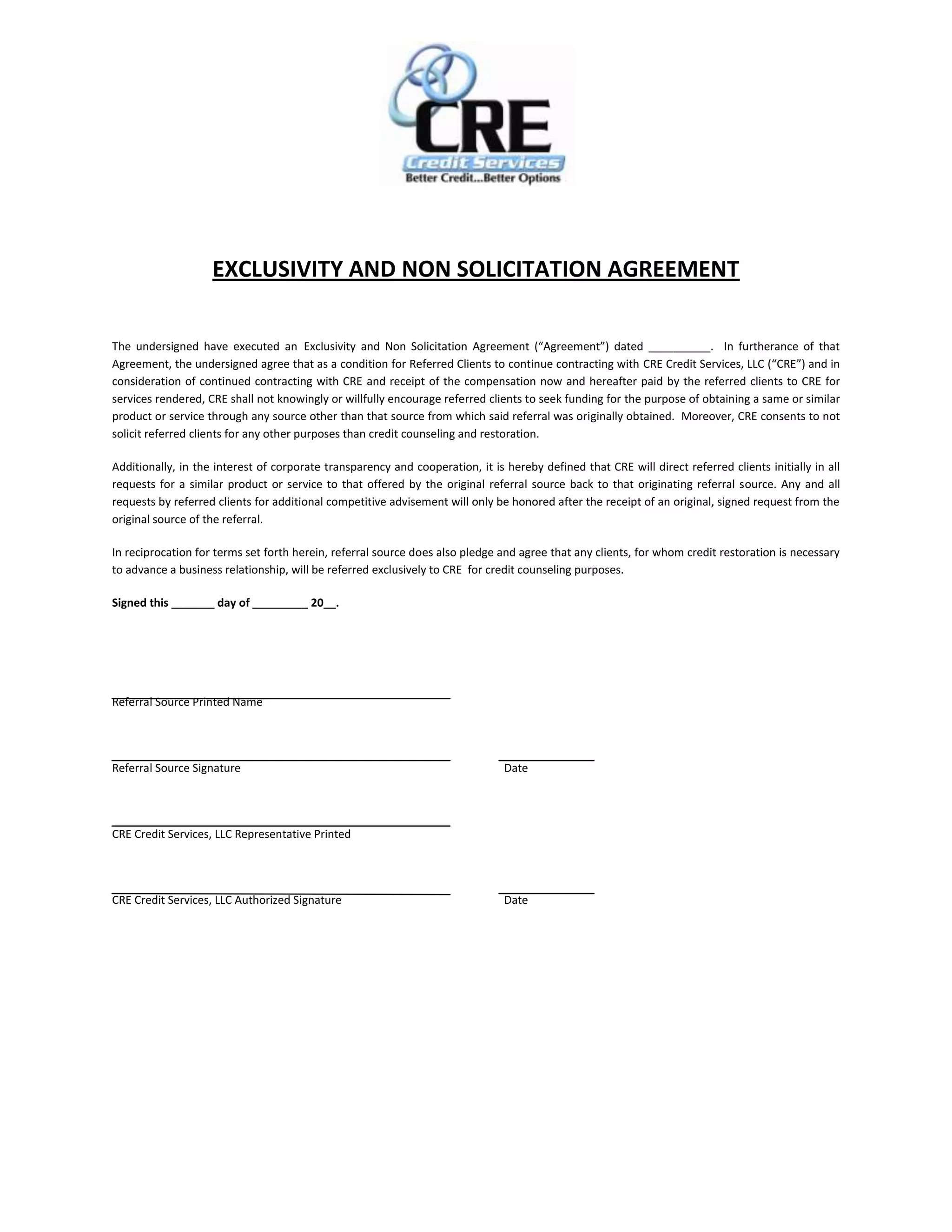 Cre Exclusivity And Non Solicitation Agreement 1 | DOCX