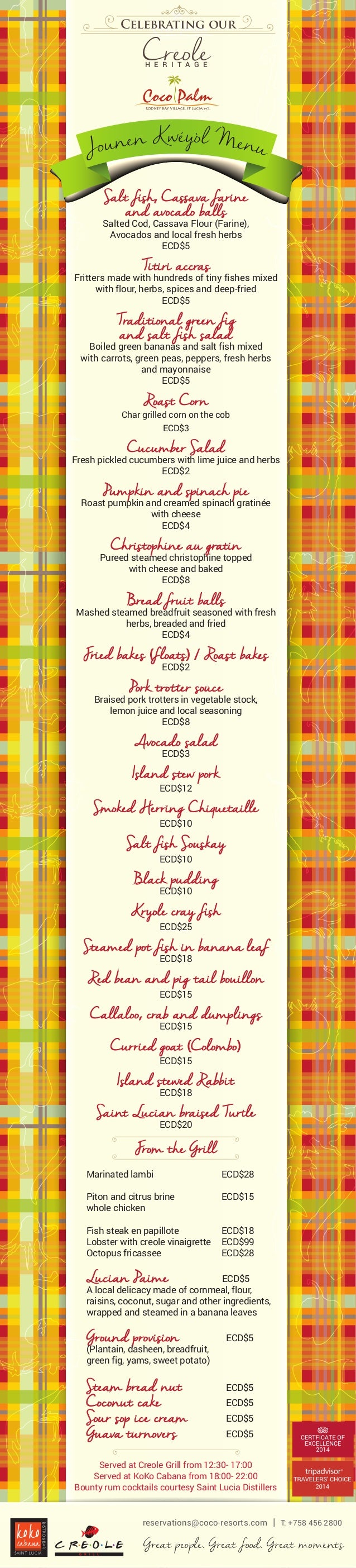 Coco Palm's Creole Day Menu