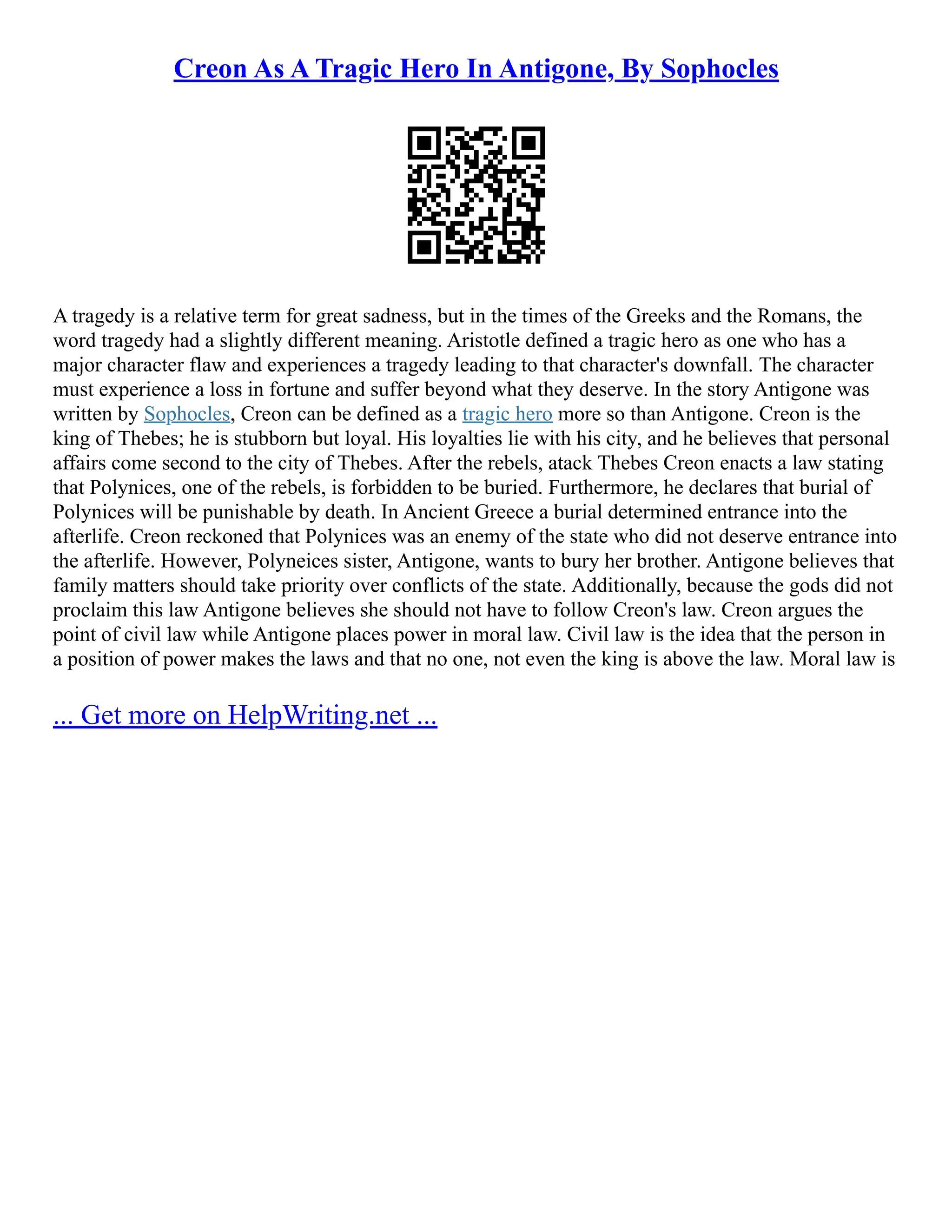 Creon As A Tragic Hero In Antigone, By Sophocles | PDF