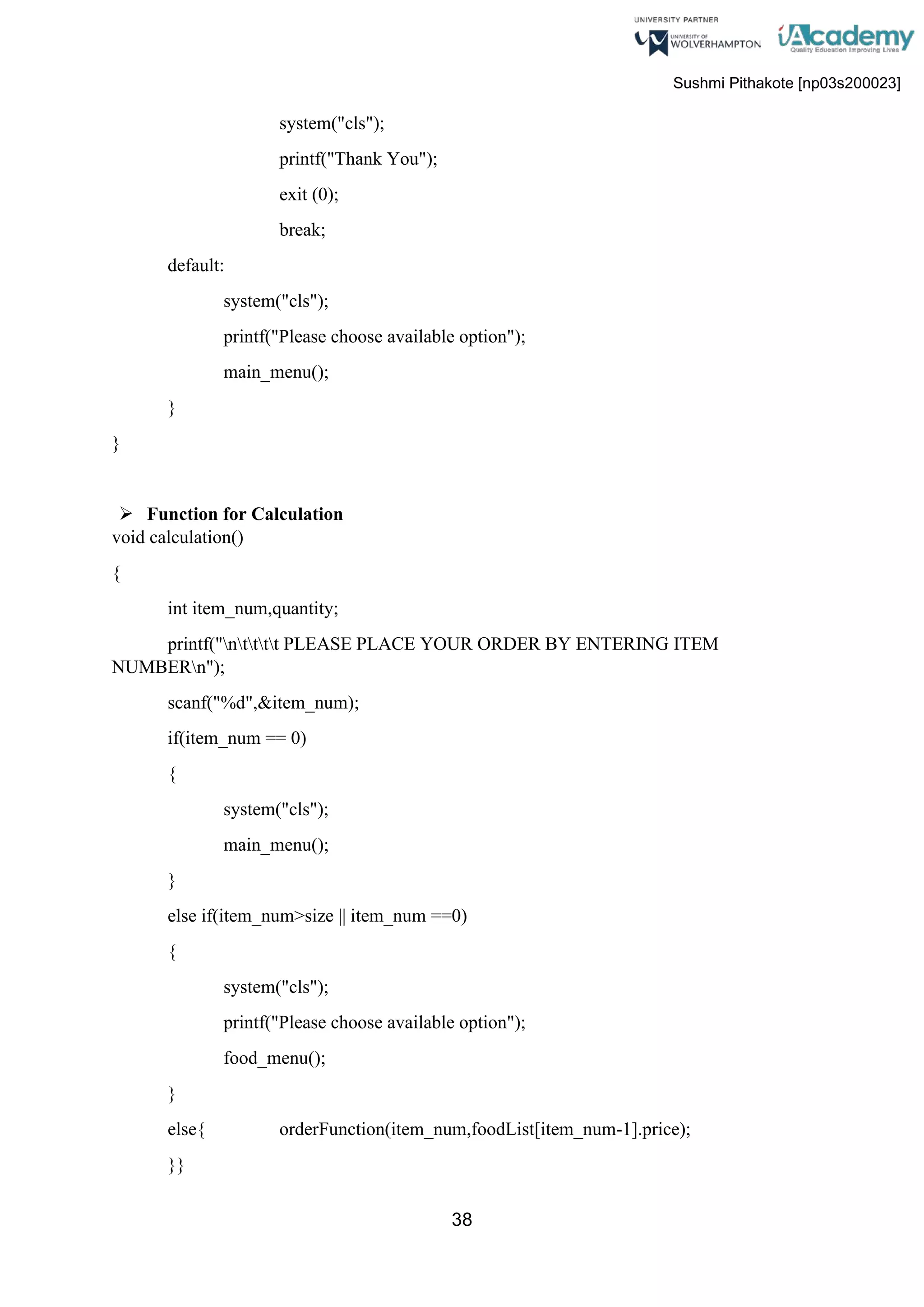 Food Order Management System using C | PDF