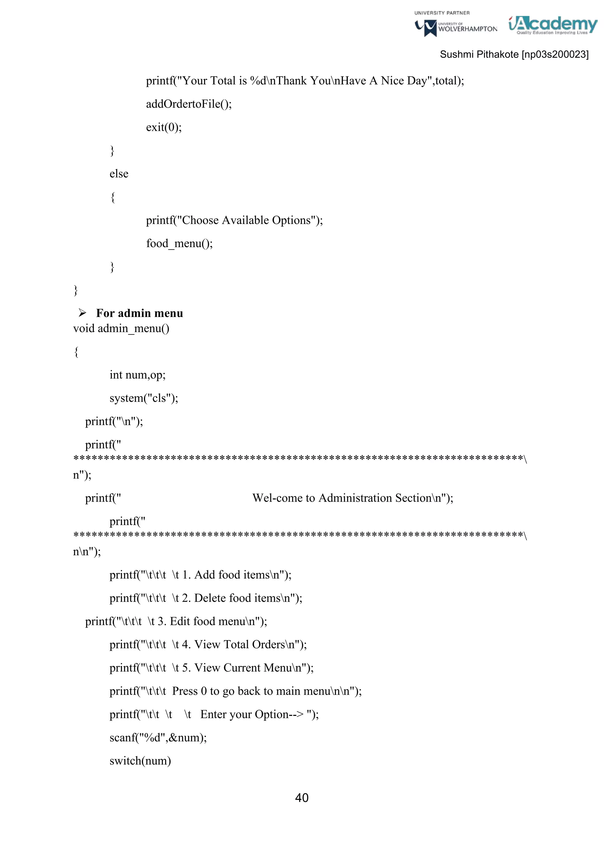 Food Order Management System using C | PDF