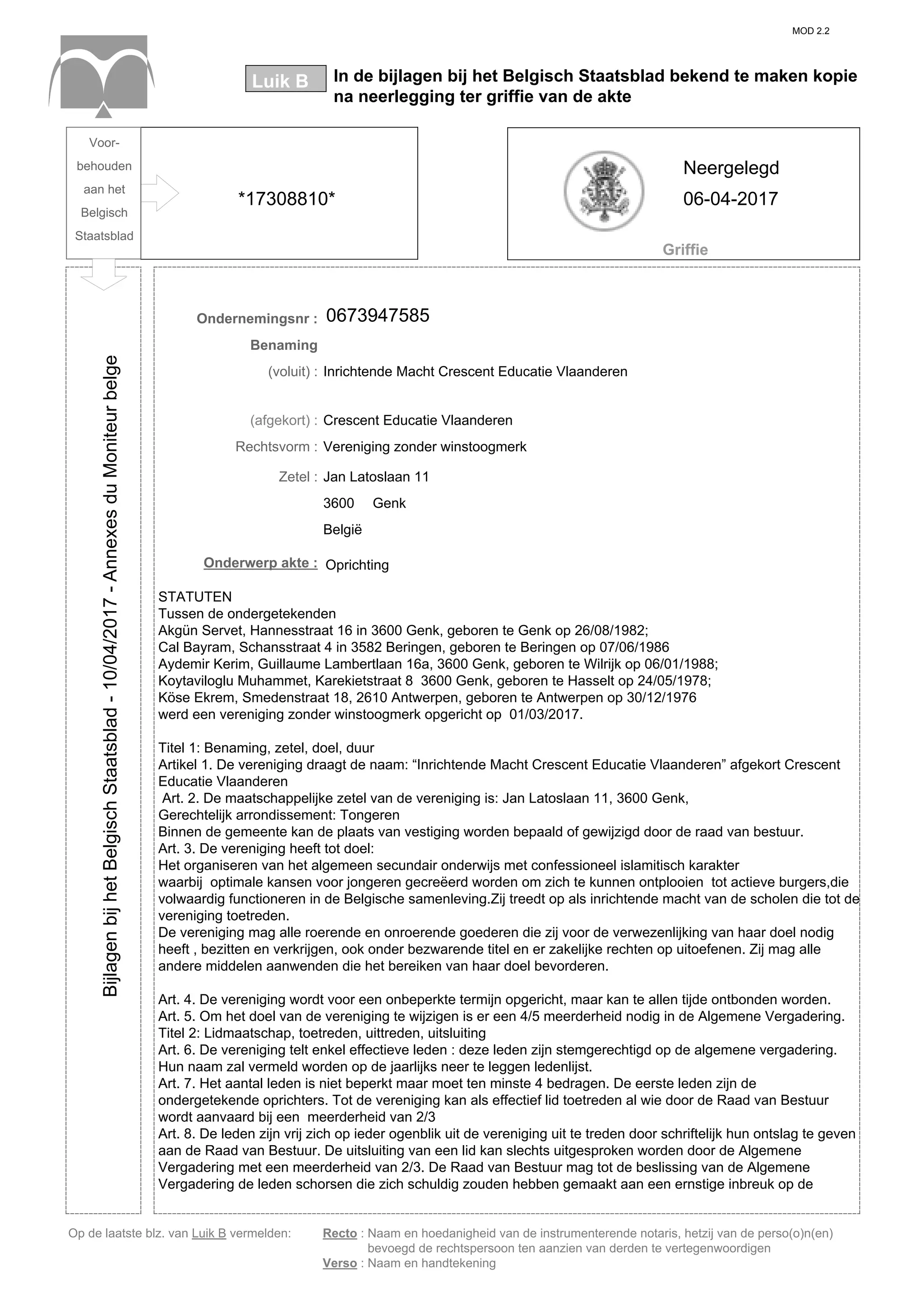 Oprichtingsakte Crescent Educatie Vlaanderen | PDF