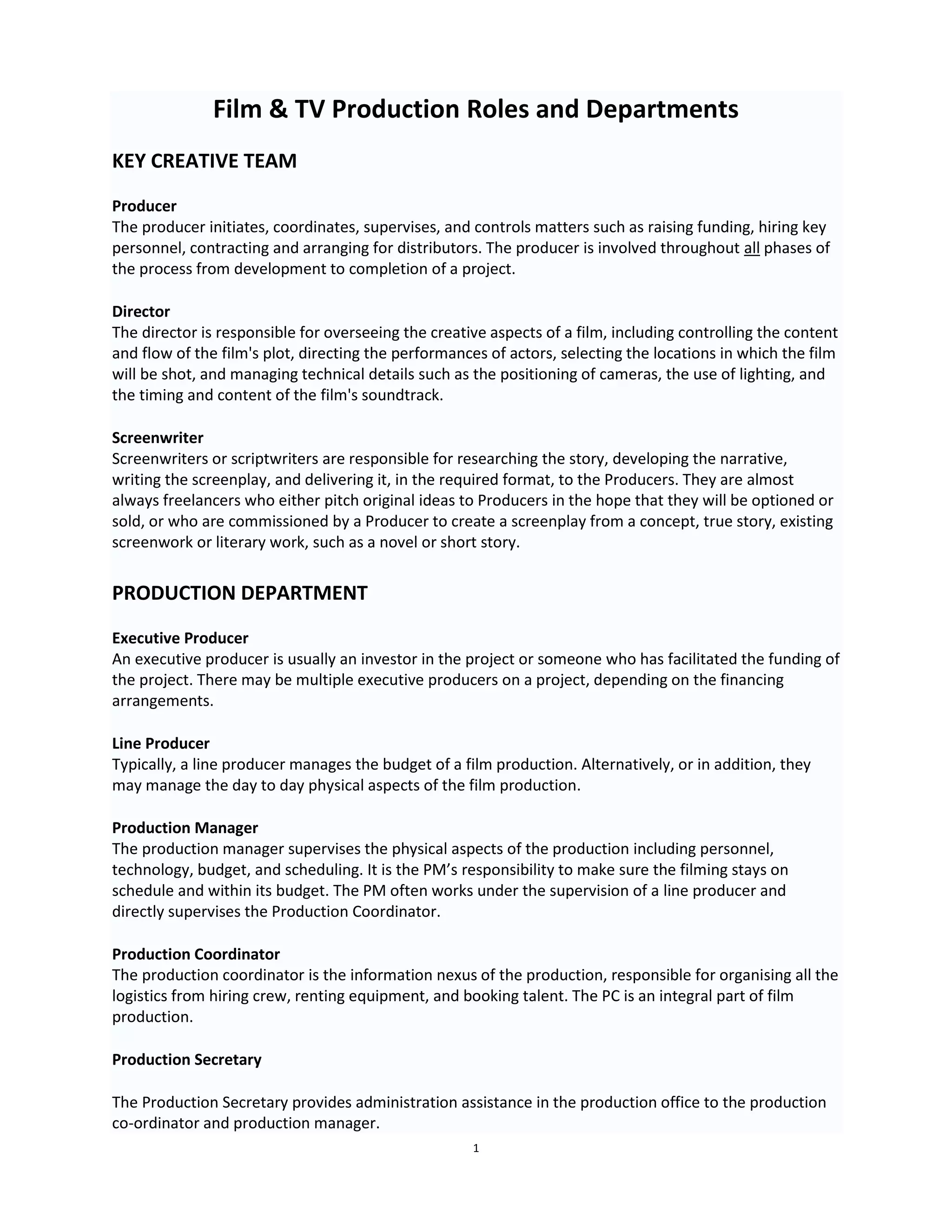 Film & TV Production Roles and Departments | PDF