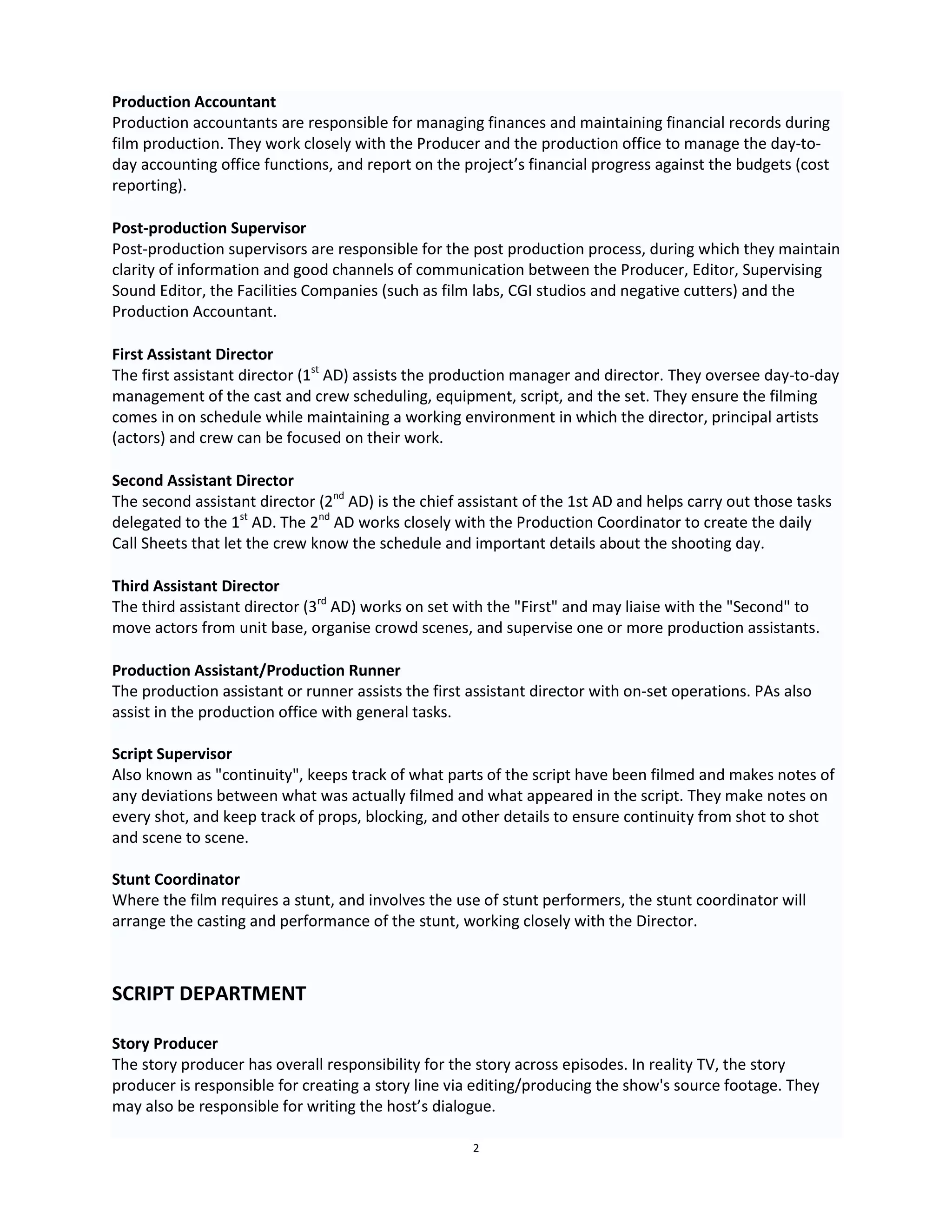 Film & TV Production Roles and Departments | PDF